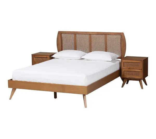 BAXTON STUDIO Asami Wood And Rattan Queen 3-pie Ce Bedroom Set - One-color