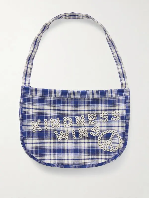 STORY MFG. Big Shop Embellished Checked Cotton Tote - Blue