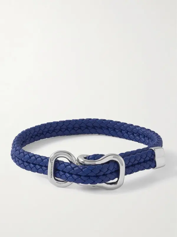 Bottega Veneta Braided Leather And Sterling Silver Bracelet - Blue