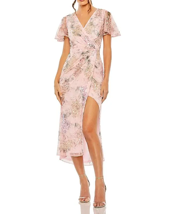 Mac Duggal Embellished Floral Flutter Sleeve Midi Dress - Rose