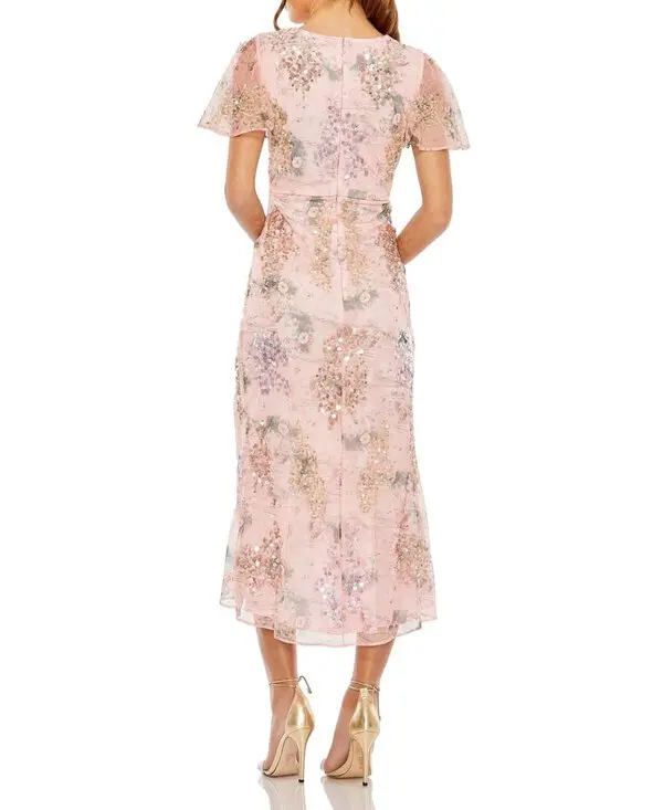 Mac Duggal Embellished Floral Flutter Sleeve Midi Dress - Rose