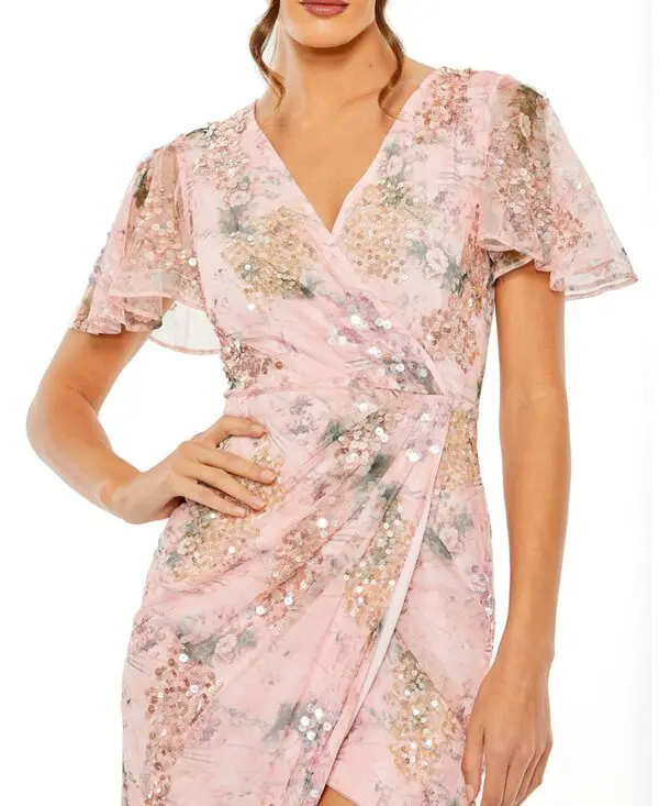 Mac Duggal Embellished Floral Flutter Sleeve Midi Dress - Rose