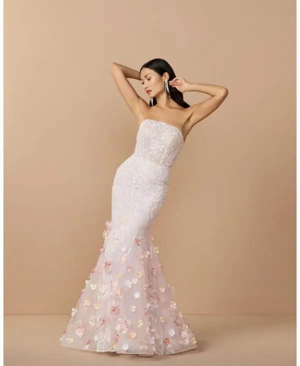Mac Duggal Strapless Embroidered Mermaid Gown With 3d Floral Appliqués