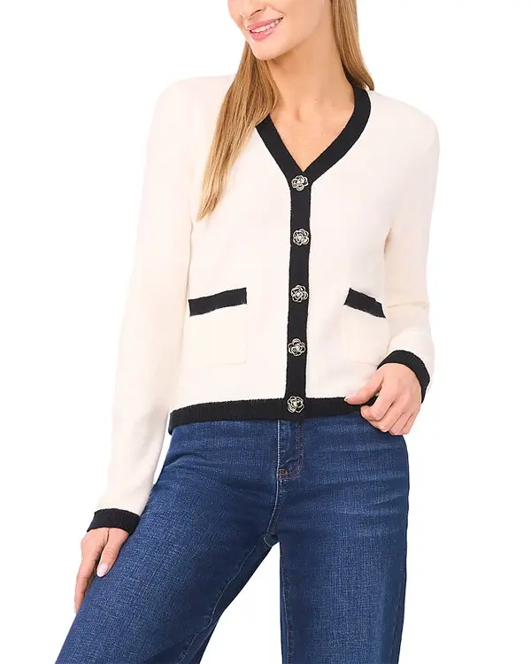 CECE DUPRAZ Flower Button V-neck Cardigan Sweater