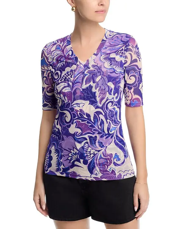 Johnny Was V-neck Elbow Sleeve Mesh Top