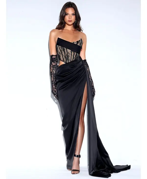 MISS CIRCLE NEW YORK Lace Satin Corset Gown With High Slit - Black