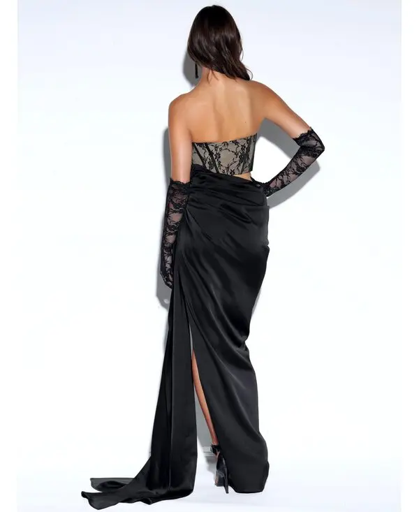 MISS CIRCLE NEW YORK Lace Satin Corset Gown With High Slit - Black