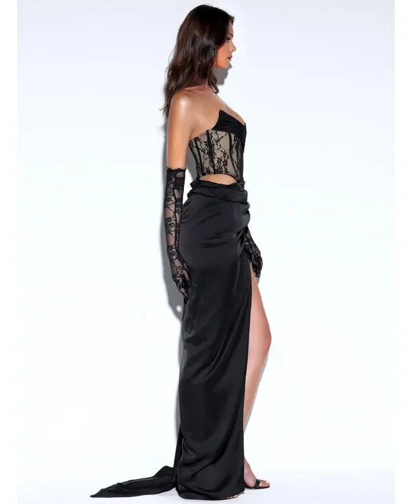 MISS CIRCLE NEW YORK Lace Satin Corset Gown With High Slit - Black