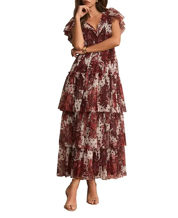 Mint Velvet Floral Print Tulle Midi Dress - Red