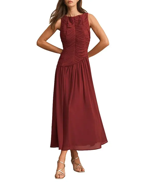 Mint Velvet Ruched Detail Midi Dress - Burgundy