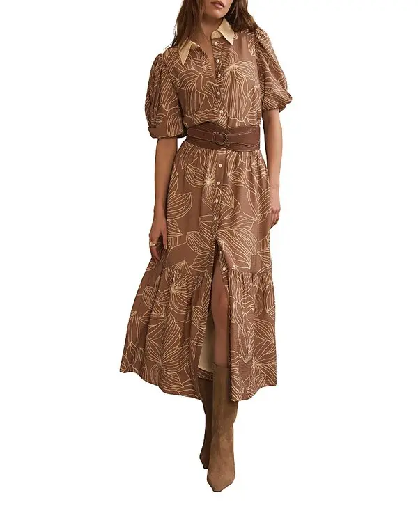 Mint Velvet Floral Print Maxi Shirt Dress With Puff Sleeves - Camel