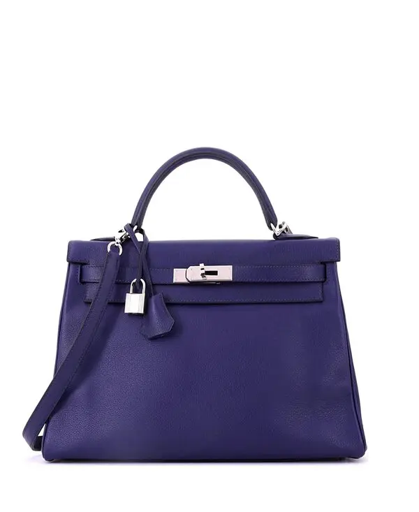 HERMES Kelly 32 Handbag Verso Evercolor With Palladium Hardware - Verso - Bleu Encre/bleu Zellige