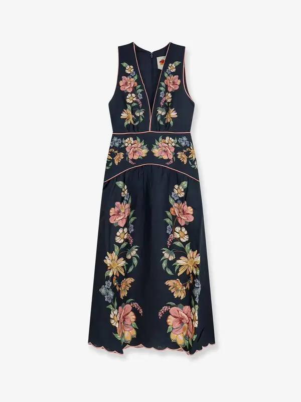 Farm Rio Maira Long Linen Floral Print Dress - Blue