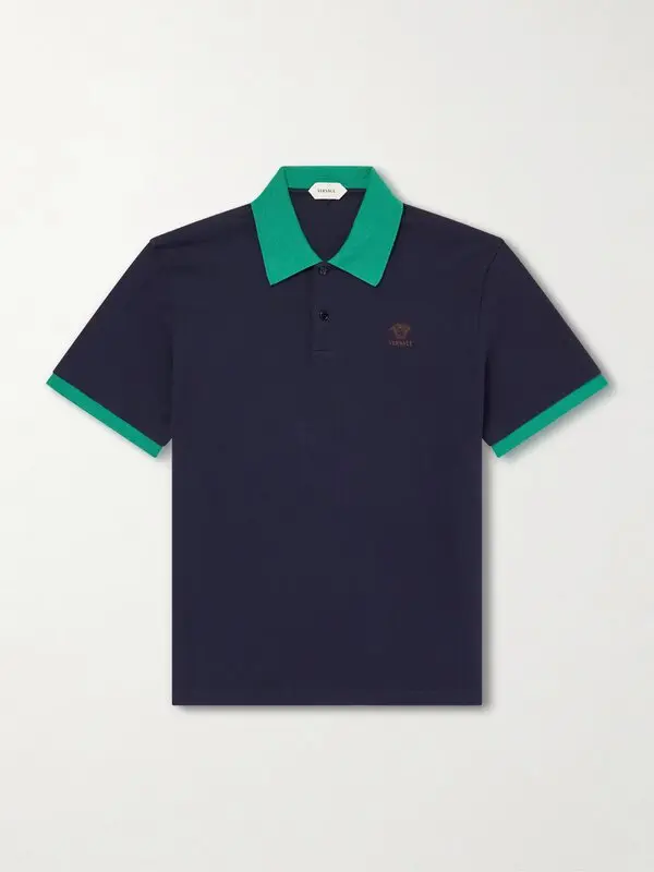 Versace Logo-embroidered Cotton-piqué Polo Shirt - Blue