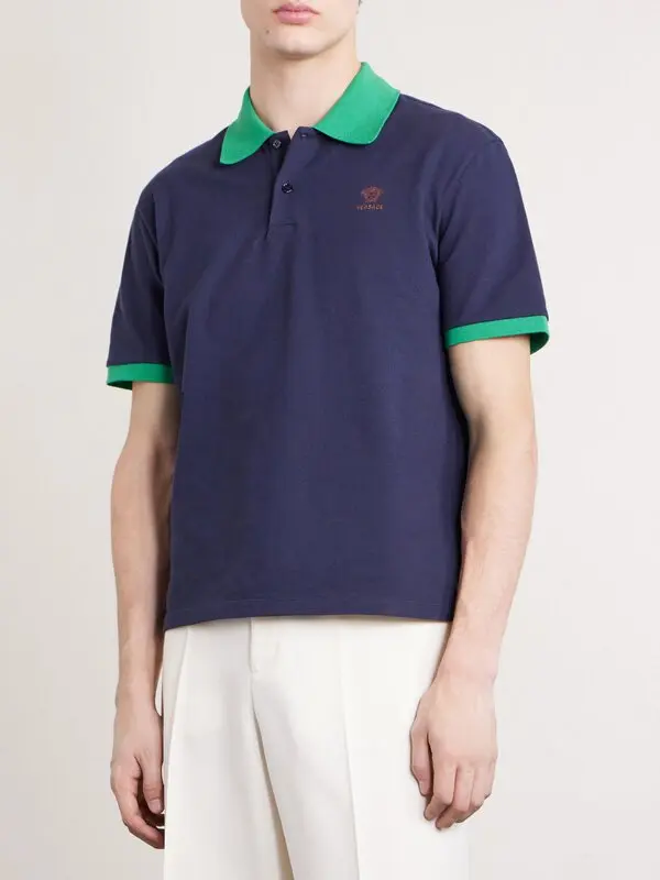 Versace Logo-embroidered Cotton-piqué Polo Shirt - Blue