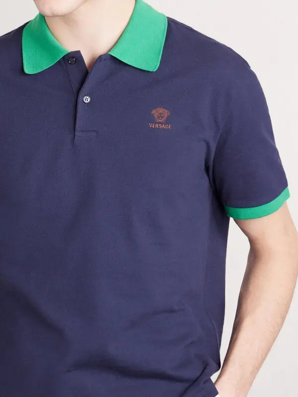 Versace Logo-embroidered Cotton-piqué Polo Shirt - Blue