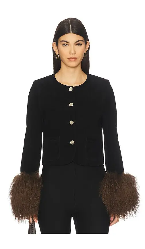 SUSANNA CHOW Frida Suede Jacket In Black - Black & Brown Trim