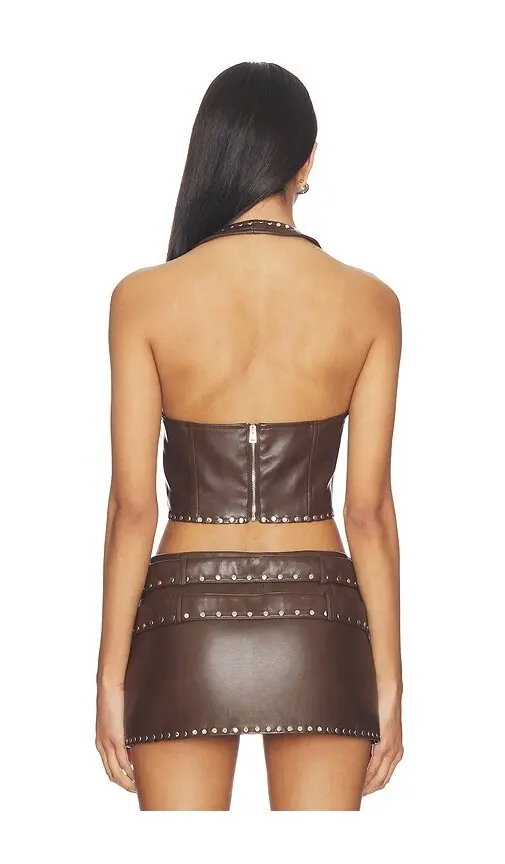 LAMARQUE Liddy Faux Leather Studded Halter Top - Dark Brown