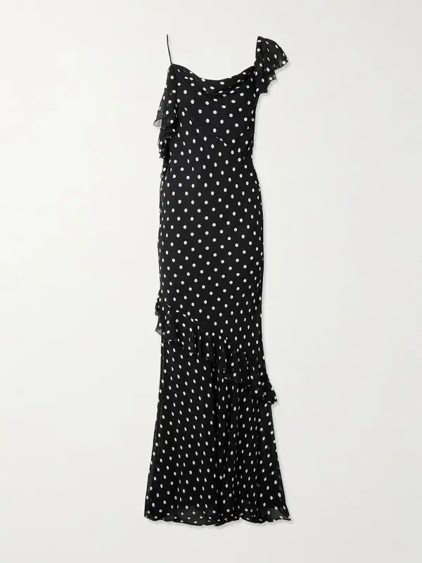 SELF-PORTRAIT One-shoulder Asymmetric Ruffled Polka-dot Maxi Dress
