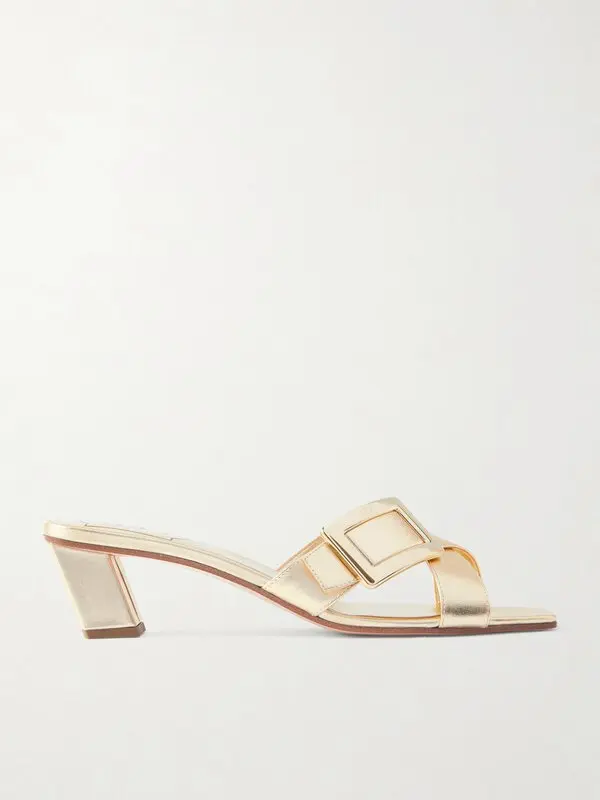 ROGER VIVIER Buckled Metallic Leather Mules