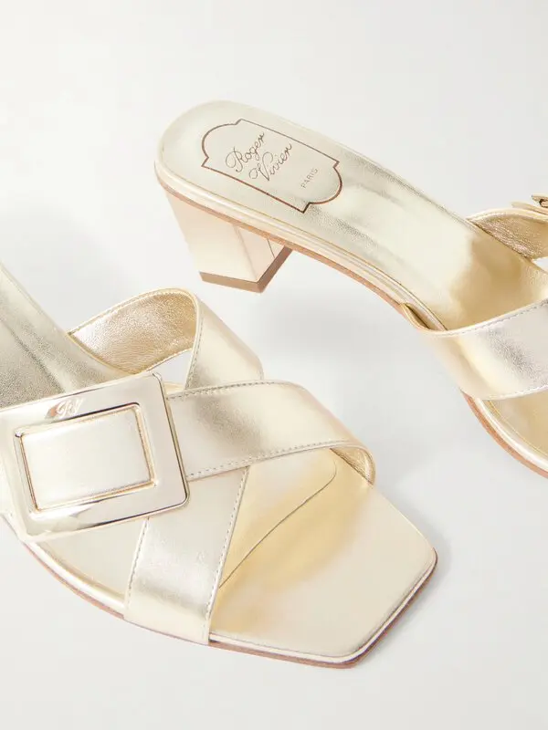 ROGER VIVIER Buckled Metallic Leather Mules