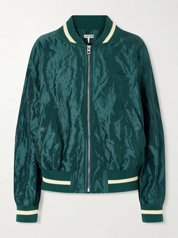 Loewe Anagram Crinkled Satin-twill Bomber Jacket - Green