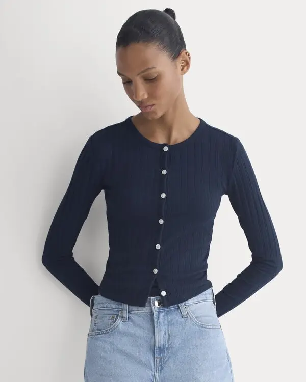 Everlane Cardigan In Pointelle - Deep Navy