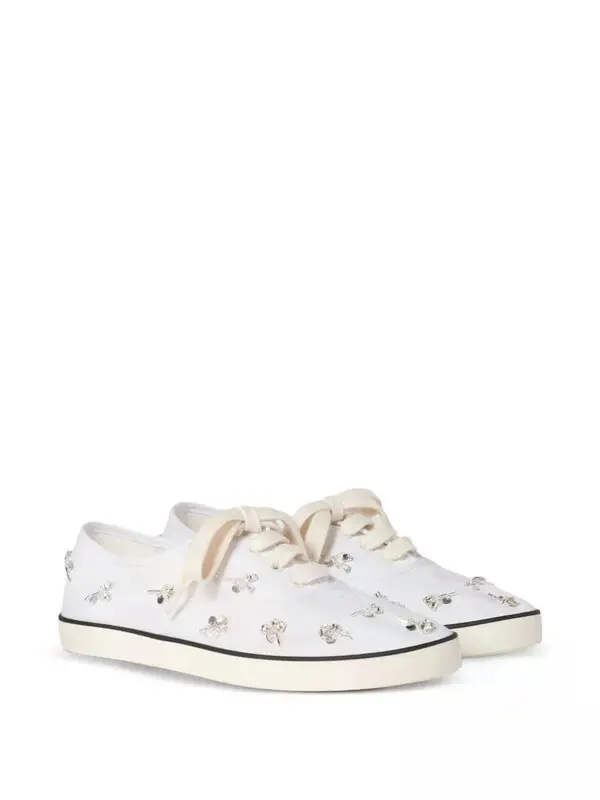Miu Miu Embroidered Crystal Embellished Canvas Sneakers - White