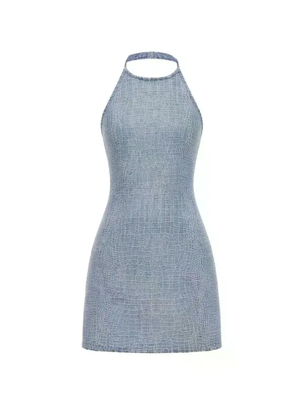 SELF-PORTRAIT Rhinestone Croc-effect Denim Mini Dress - Blue
