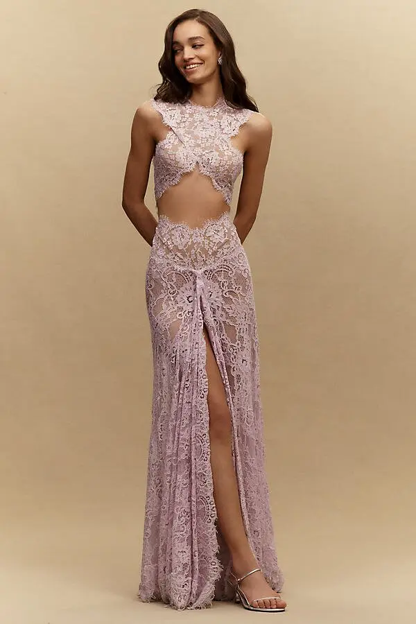 BRONX AND BRONCO Naia Silk Lace Cutout Gown - Lilac