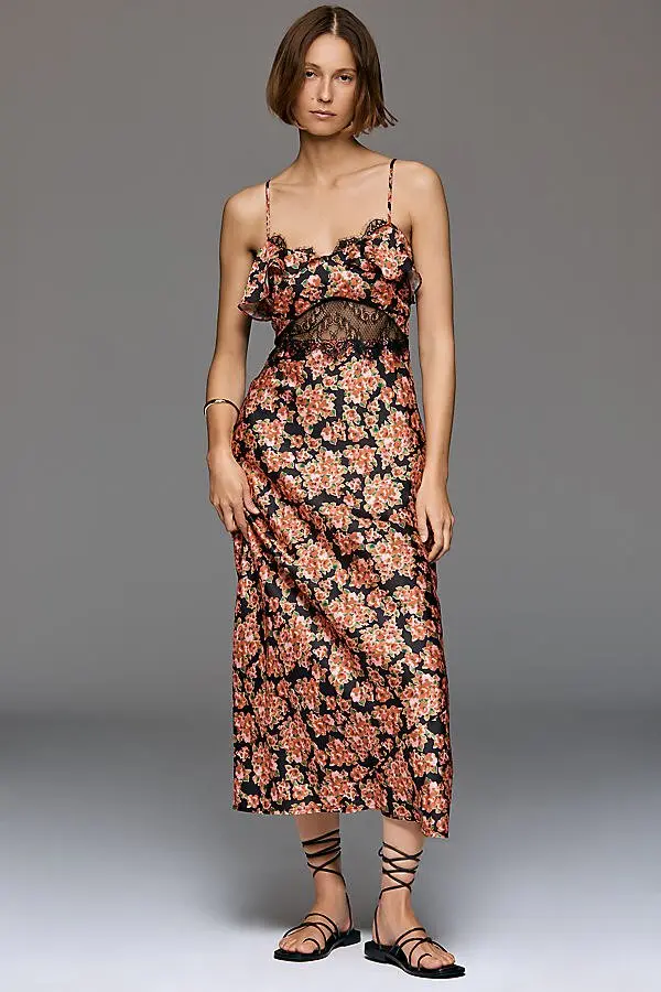 Anthropologie Sheer Lace Satin Slip Dress - Red Floral