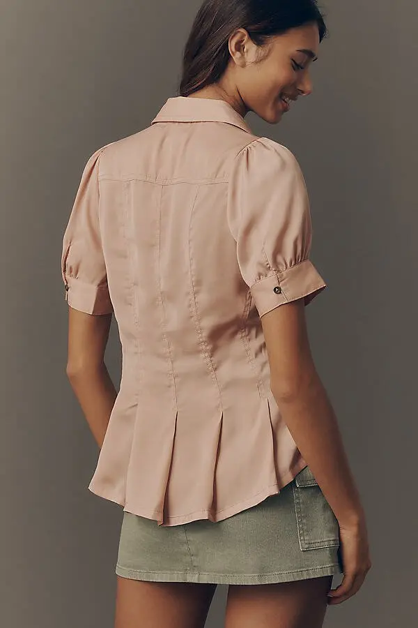PILCRO Waisted Puff-sleeve Buttondown Top - Light Tan