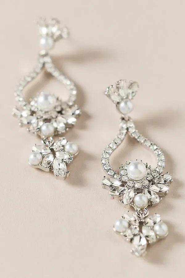 Anthropologie Pearl And Crystal Chandelier Drop Earrings - Silver