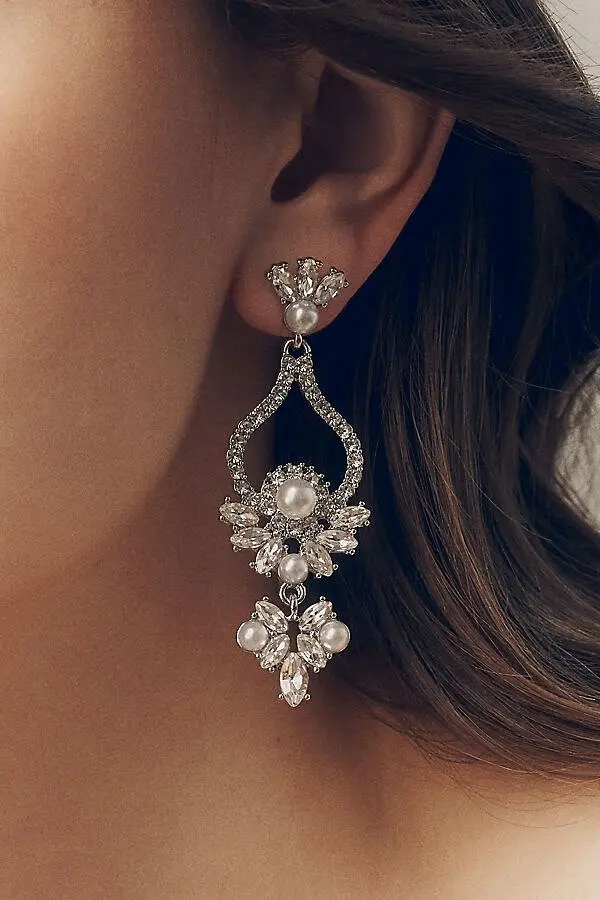 Anthropologie Pearl And Crystal Chandelier Drop Earrings - Silver