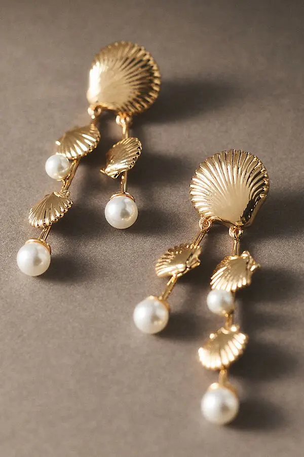 Anthropologie Shell And Pearl Drop Earrings - Gold