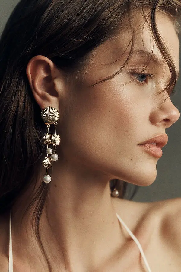 Anthropologie Shell And Pearl Drop Earrings - Gold