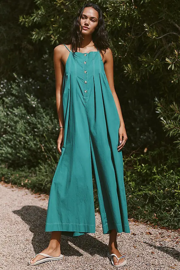 CELANDINE Button-front Open-back Jumpsuit - Elm Green