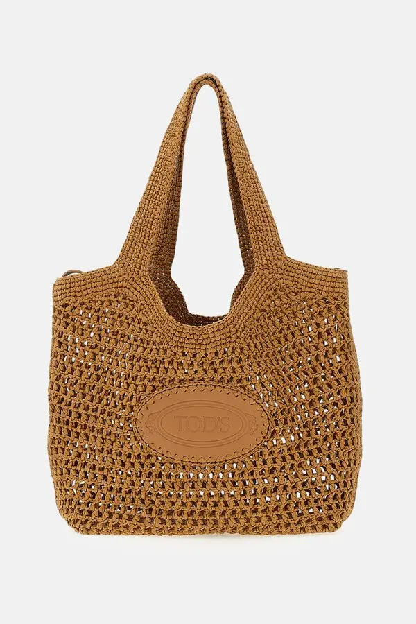 TOD'S Medium Raffia Crochet Tote Bag - Brown