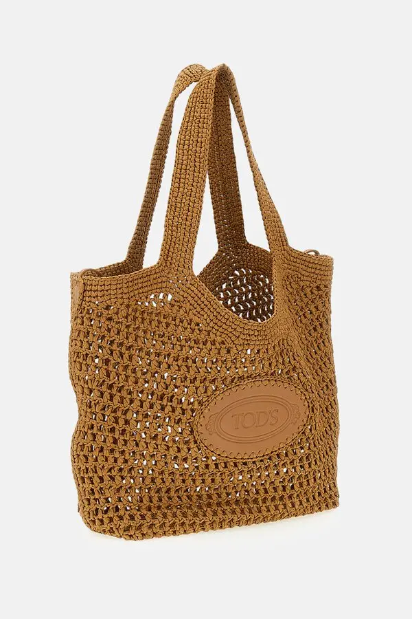 TOD'S Medium Raffia Crochet Tote Bag - Brown