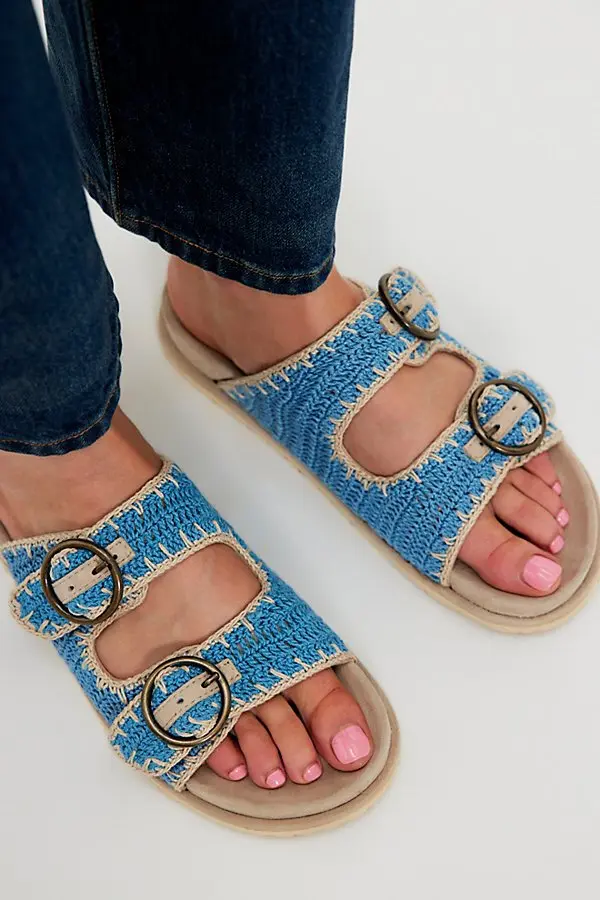 LAIDBACK LONDON Coco Crochet Footbed Sandals - Sand Suede Sky Blue/nature