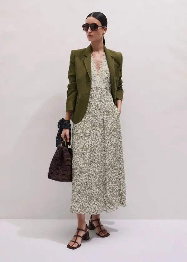ME+EM Silk Cotton Lace Trimmed Maxi Dress - Green/light Cream