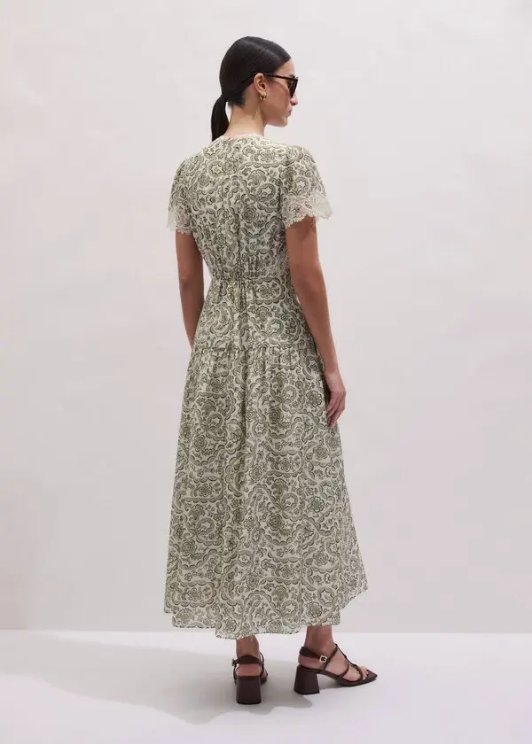 ME+EM Silk Cotton Lace Trimmed Maxi Dress - Green/light Cream