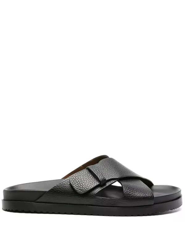 DOUCAL'S Leather Crossover Strap Slides - Black