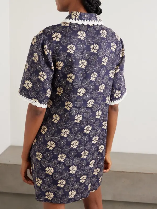 Sea Gloria Embroidered Printed Linen Mini Dress