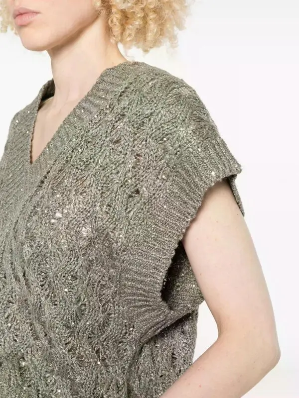 Brunello Cucinelli Sequin V-neck Knitted Vest - Grey