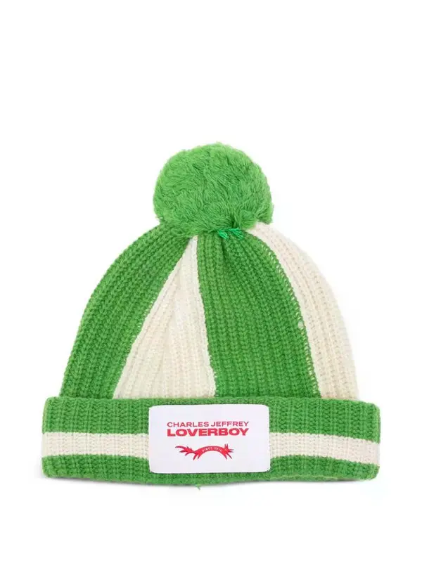 CHARLES JEFFREY Striped Pompom Beanie - Green