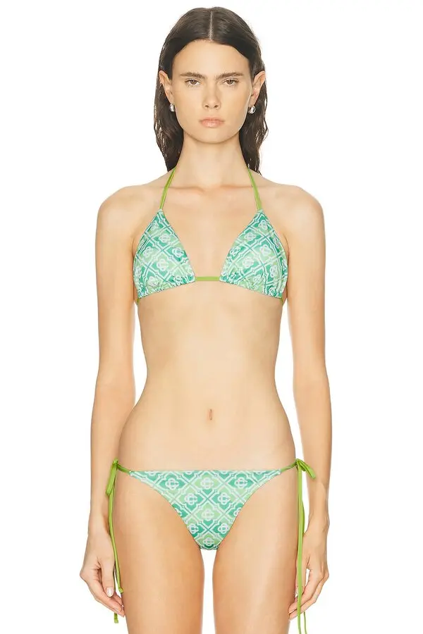 Casablanca Wavy Monogram String Triangle Bikini Top - Green