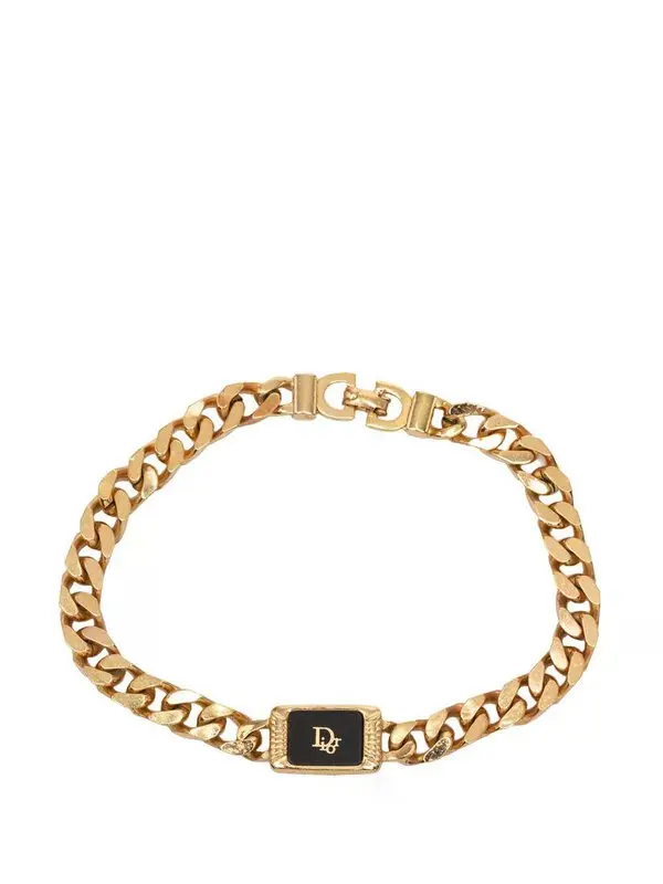 Dior 1990-2020 Plated Enamel Logo Plaque Chain Bracelet Costume Bracelet - Gold