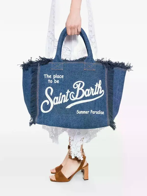 MC2 SAINT BARTH Fringed-detail Logo-print Tote Bag - Blue