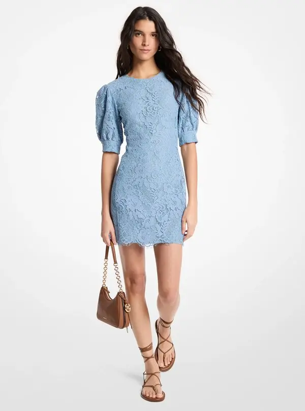 Michael Kors Corded Floral Lace Mini Dress With Blouson Sleeves - Blue